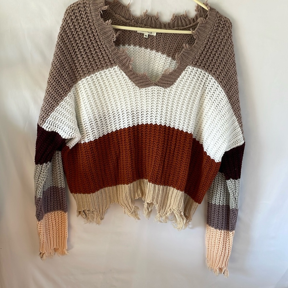 Miracle Striped Knit Sweater With Distressed Details … - Gem